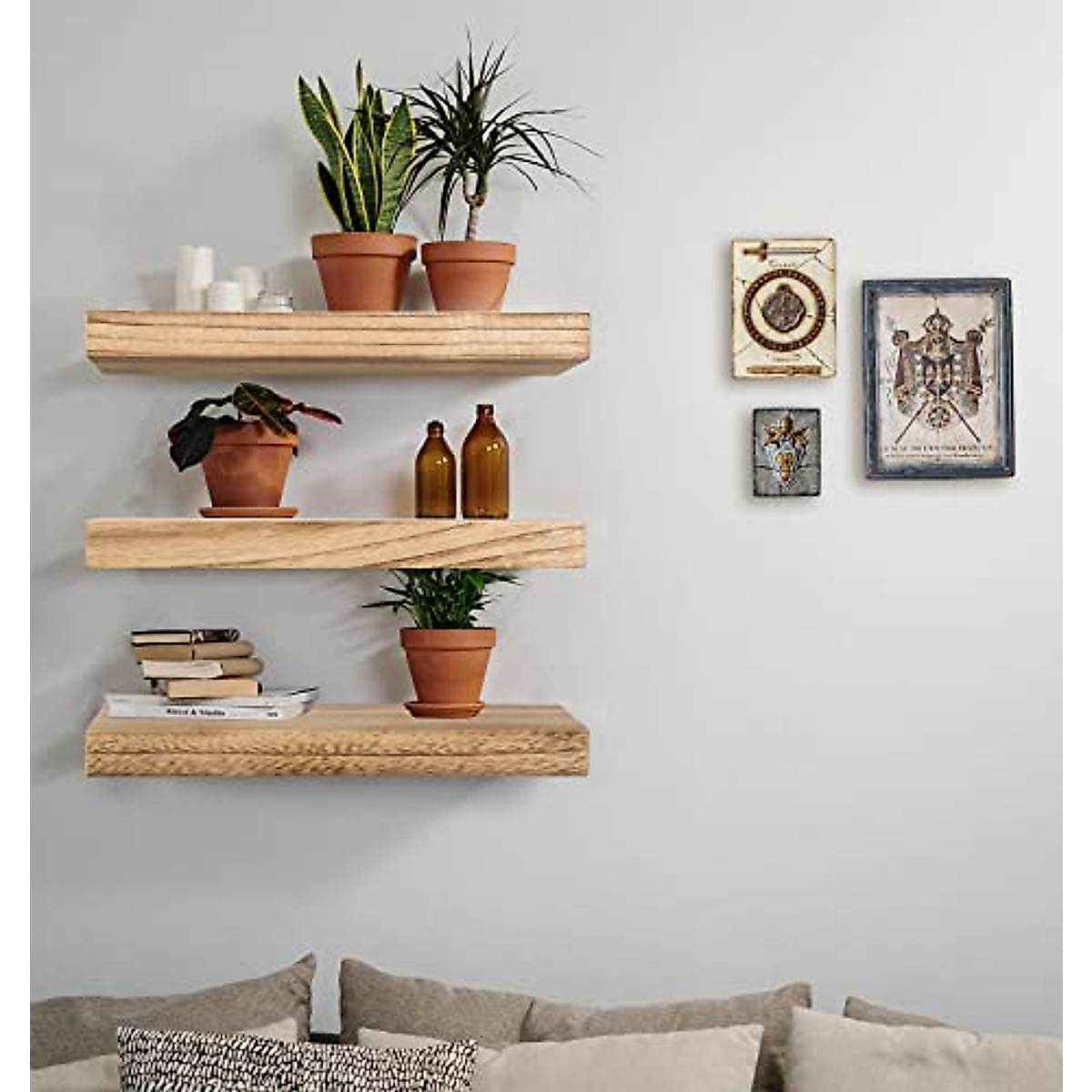Wood Floating Shelves Wall Mounted 17 inch, 3 Tier Rustic Wooden Wall Shelves for Bathroom Living Room Bedroom Laundry Kitchen Storage Farmhouse Decor, Set of 3