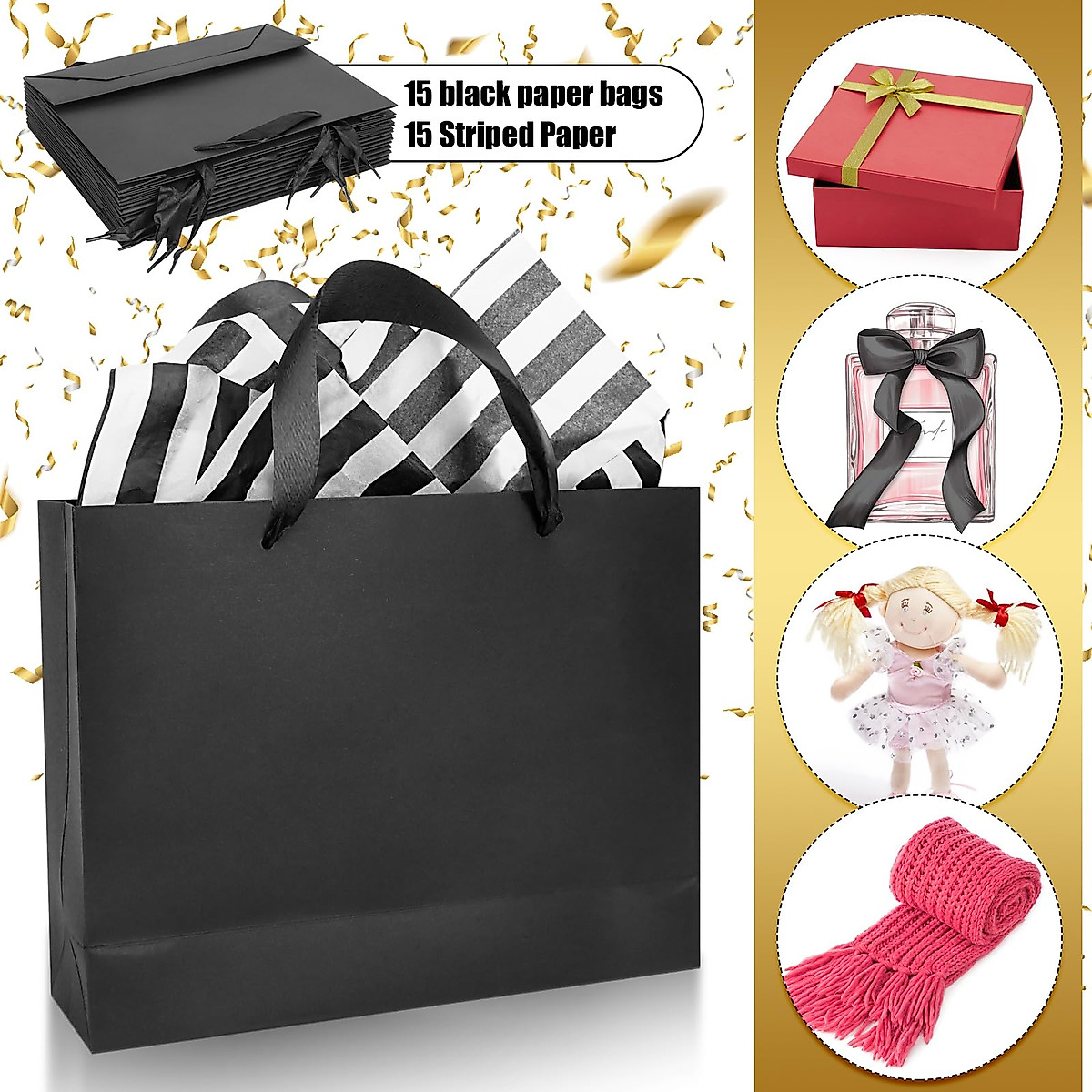 Rcybeo 15 Pack 10.6x3.1x8.3 Inch Black Gift Bags, Black Paper Bags with Tissue Paper, Black Gift Bags with Ribbon Handles for Retail, Grocery, Boutique, Wedding, Birthday, Party Supplies and Gifts