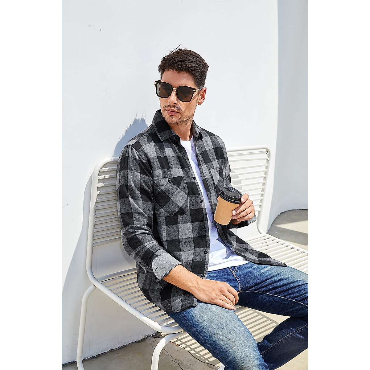 Damipow Flannel Shirt for Men Button Down Long Sleeve Shirts Plaid Flannels Men Shirt,Grey,L