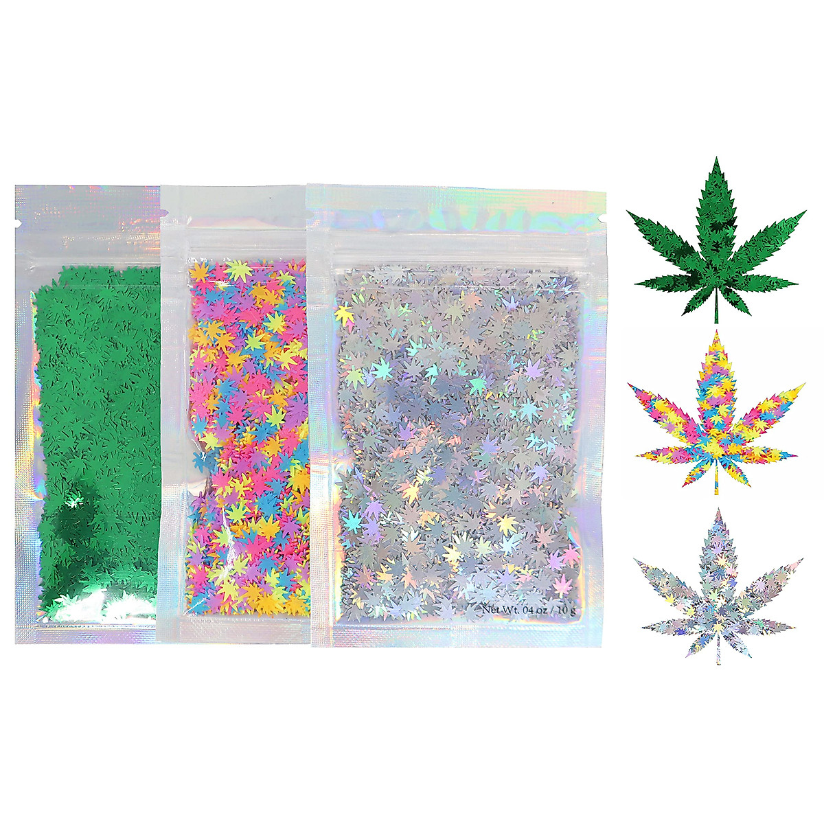 3 Pack - Green, Rainbow & Silver Holographic Leaf Glitter - Solvent Resistant & Cosmetic Grade - Face Body Nails Resin Arts & Crafts, Tumblers, Bath Bombs, Resin - Weed Pot Marijuana Leaf