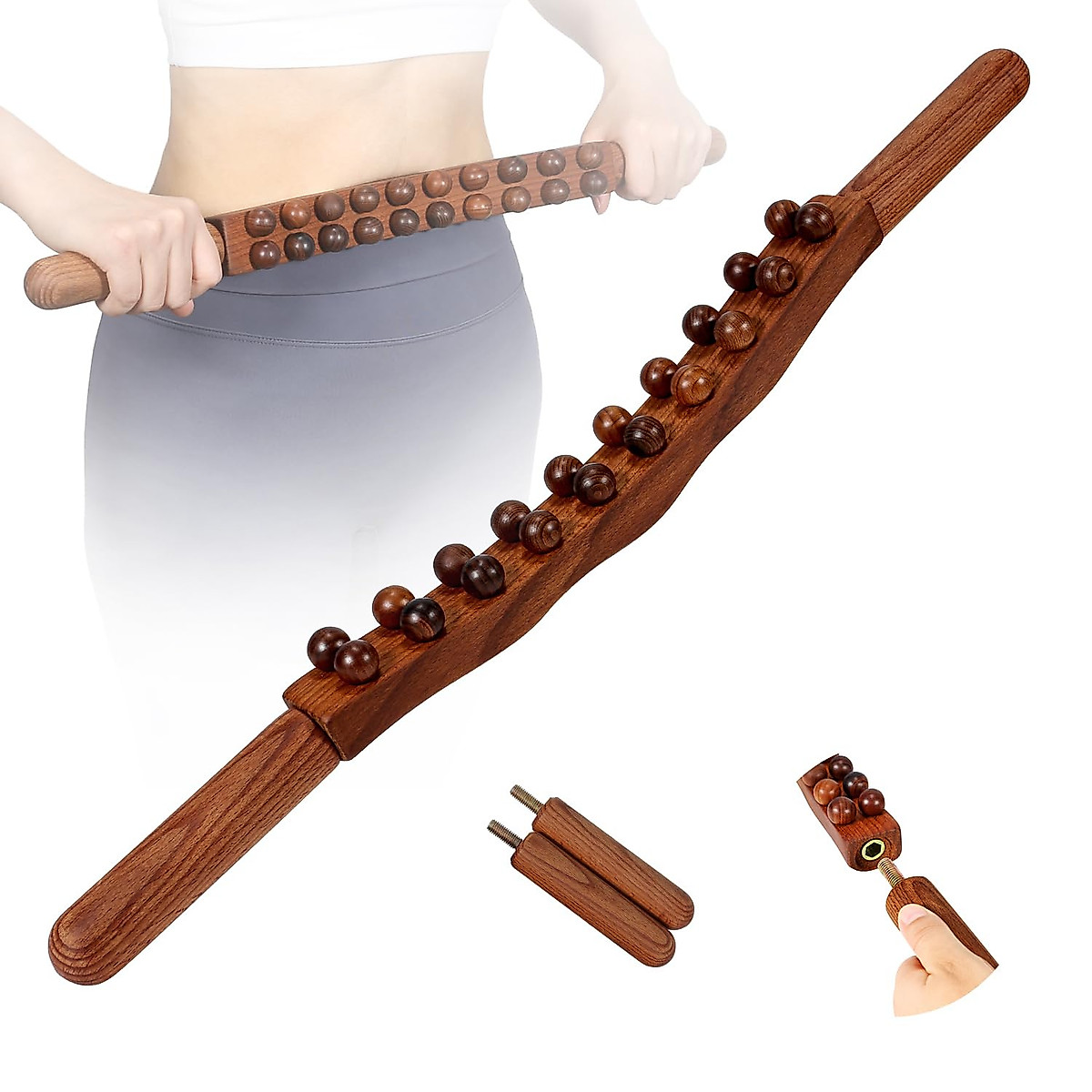 Wood Therapy Guasha Wood Stick Massage Tools, Lymphatic Drainage Massage Stick, Stomach Cellulite Massager, Myofascial Release Tool, Ease Pain Self Body Sculpting, Mountable Handle Double Row 20 Beads