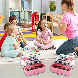 Flower River 11(in) Versatile Three-Layer Folding Organizer Box,Ideal for Art & Crafts,Toys,Sewing Supplies,Jewelry and Tools,Storage with Dual Trays,Elegant Pink