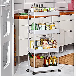SPACEKEEPER Storage Cart, 4-Tier Mobile Shelving Unit, Bathroom Rolling Cart Utility Storage Organizer Shelf for Kitchen Living Room Bathroom Laundry Room & Dressers, Gray
