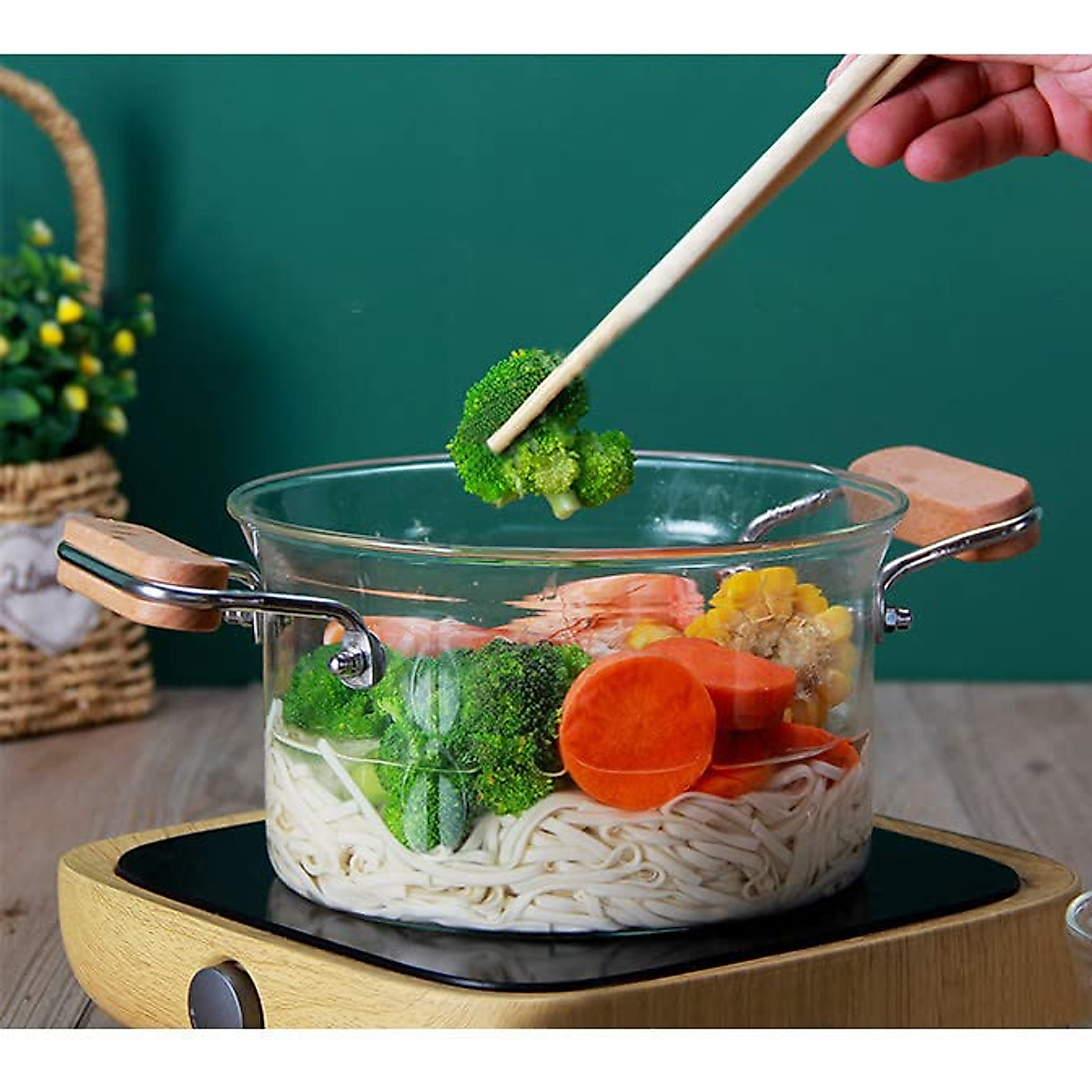 3QT Glass Cooking Pot 3L Glass Simmer Pot Compatible for Potpourri,Stove Top,Milk,Soup,Tea,Noodles,Microwave Cookware with Wooden Handle&Lid,Glass Saucepan with Cover,Heat-Resistant