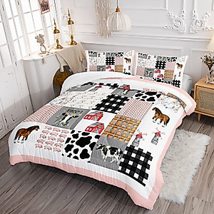 HOSIMA Cow Bedding Set,Farmhouse Comforter Western Country Style Room Decor Aesthetic,Cute Cartoon Farm Animal Pig Cow Horse Twin Bedding Sets for Girls Boys,Pink White Grid Comforter.