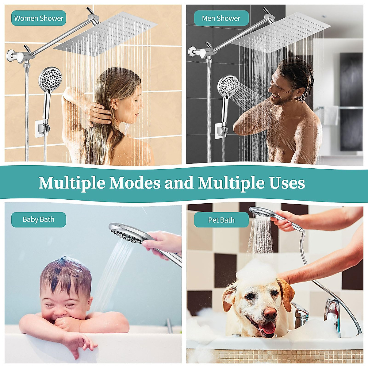 Rain Shower Head with Handheld, Lanhado 12'' High Pressure Rainfall Shower Head with 11'' Extension Arm, 9 Settings Handheld Shower Heads with Holder & Hose, Anti-leak Waterfall Showerhead, Chrome