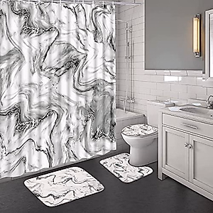 Claswcalor 4 Pcs Grey Marble Shower Curtain Sets with Non-Slip Rug, Toilet Lid Cover and Bath Mat, Abstract White and Gray Shower Curtain with Hooks, Modern Luxury Shower Curtains for Bathroom Decor