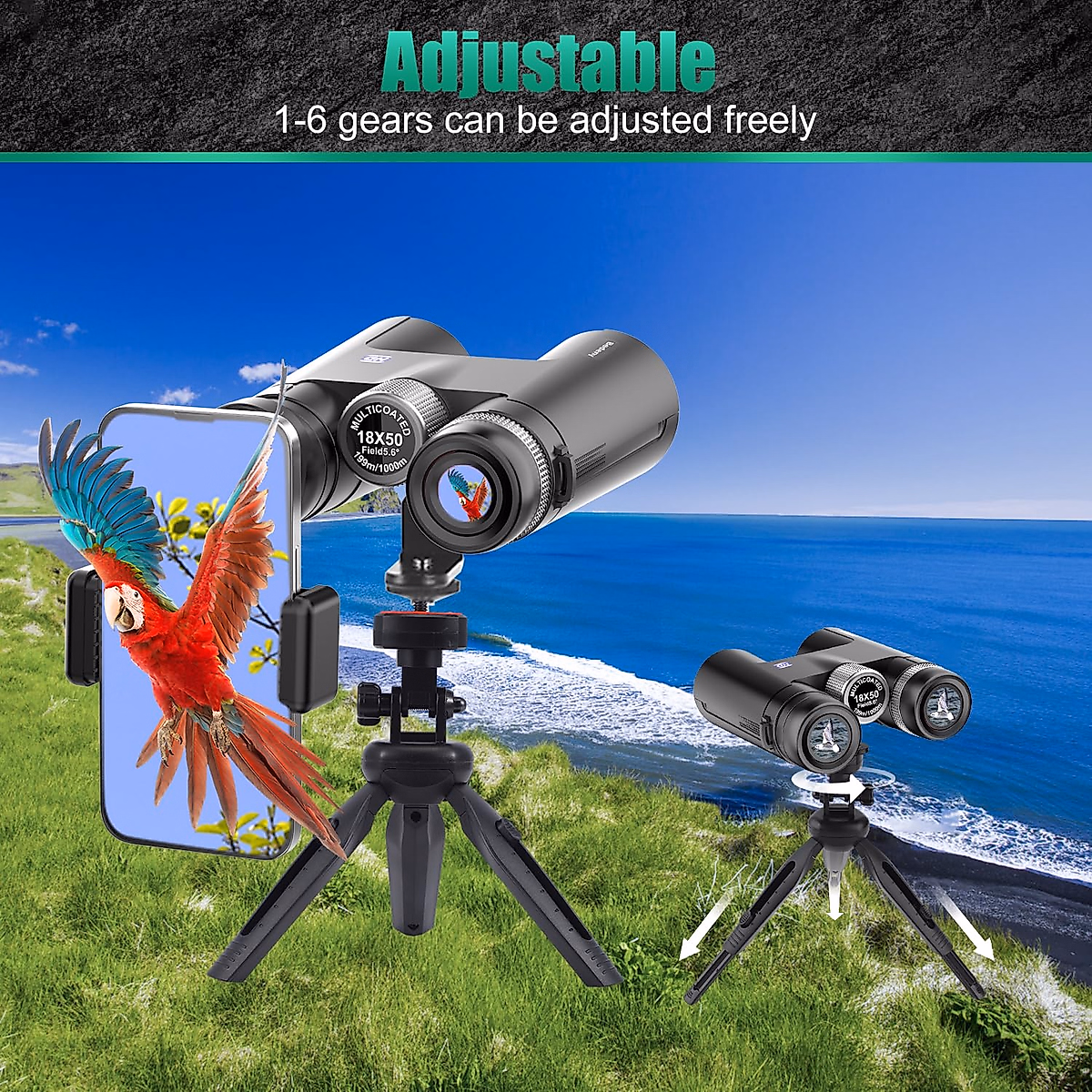 18x50 HD Binoculars for Adults with Upgraded Phone Adapter, Tripod and Tripod Adapter - High Powered with Super Bright and Large View for Bird Watching,Hunting,Travel