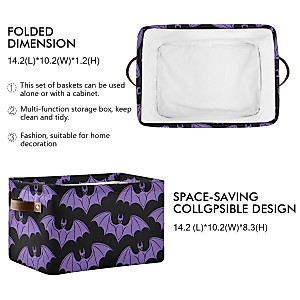 Storage Basket Halloween Purple Bat Canvas Collapsible Box Organizer Bin with Handles