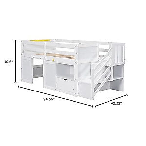 Lakifun Twin Size Low loft Bed,Loft Bed with Storage,Modern Farmhouse Twin loft Bed for Kids,Wood Twin Low Loft Bed with Game House and Drawers, Bookshelf Staircase,White