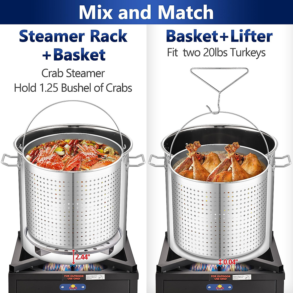 ARC 52QT Stainless Steel Stockpot for Turkey Fryer Seafood Boiler Crawfish Pot with Basket and Steamer Rack, Outdoor Cooking Pot for Crab Lobster Shrimp Boiling, and Tamales Steamer, 13 Gal