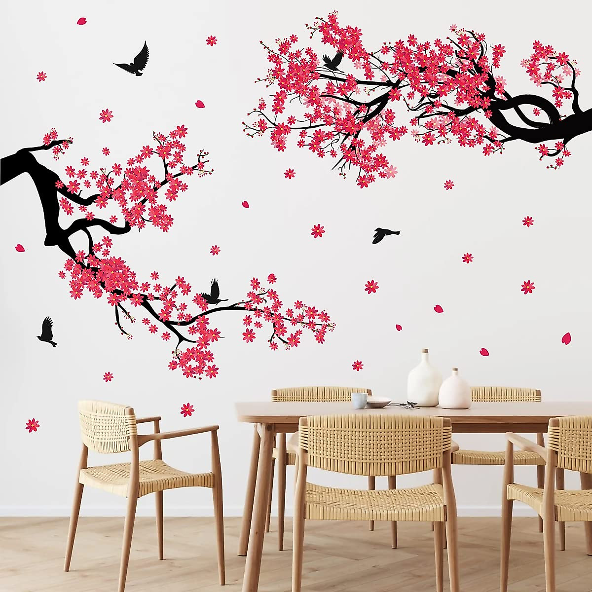 WOYINIS 3D Cherry Blossom Wall Stickers, Tree Branch Birds and Falling Flowers Petals Wall Decals, Peel & Stick Women Girls Bedroom Wall Decals Stickers Art for Living Room Bedroom Office Wall Decor