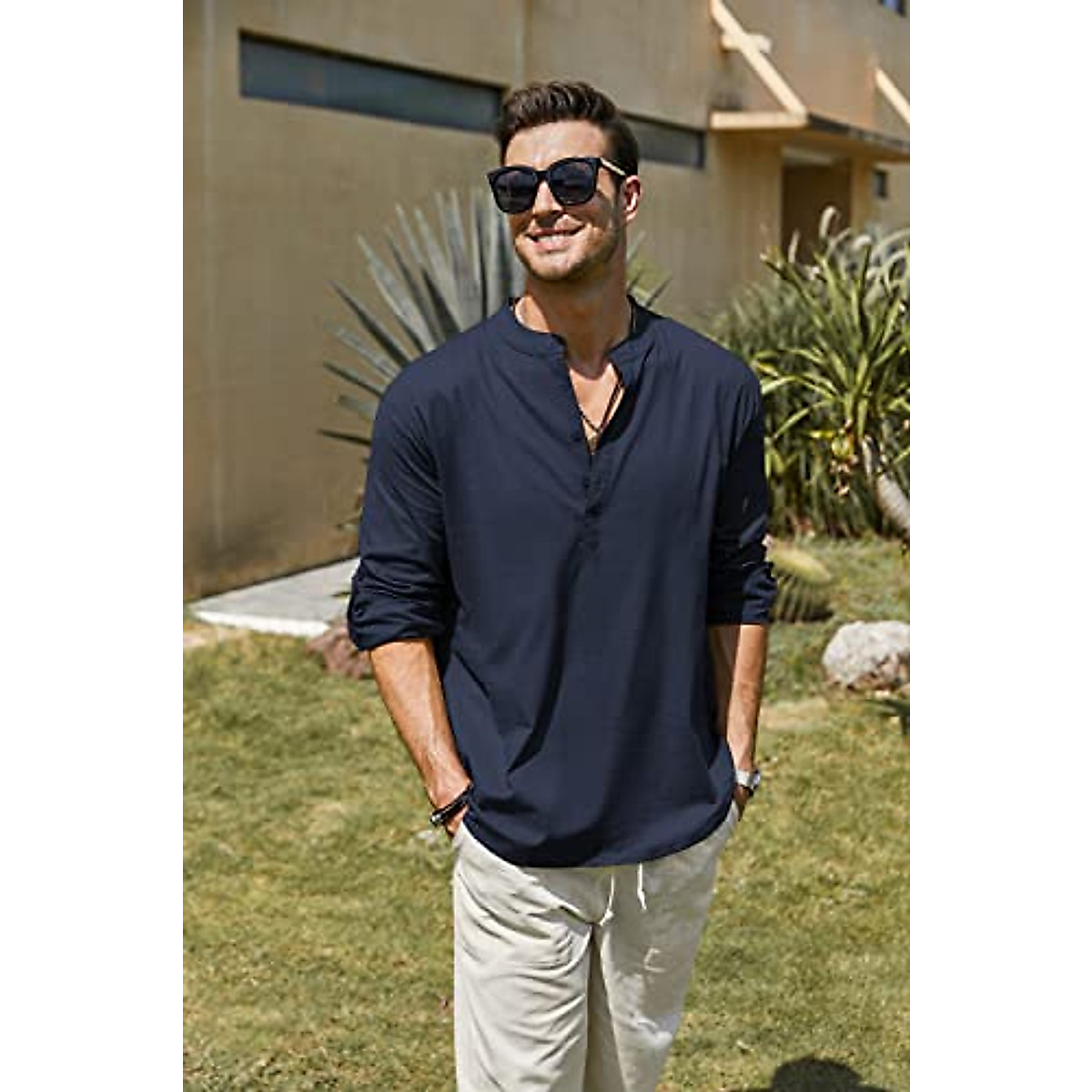 COOFANDY Mens Cotton Linen Henley Hippie Casual Beach T Shirt, Navy Blue, X-Large, Long Sleeve