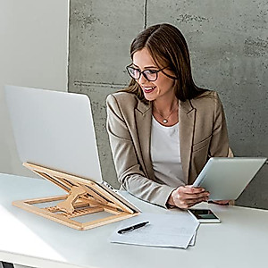 Skoioje Wooden Laptop Stand, Foldable Wood Laptop Riser Adjustable Computer Wooden MacBook Stand for Desk Portable Universal Notebook Laptop Holder with Multiple Angles for Laptops Up to 15.6 inches