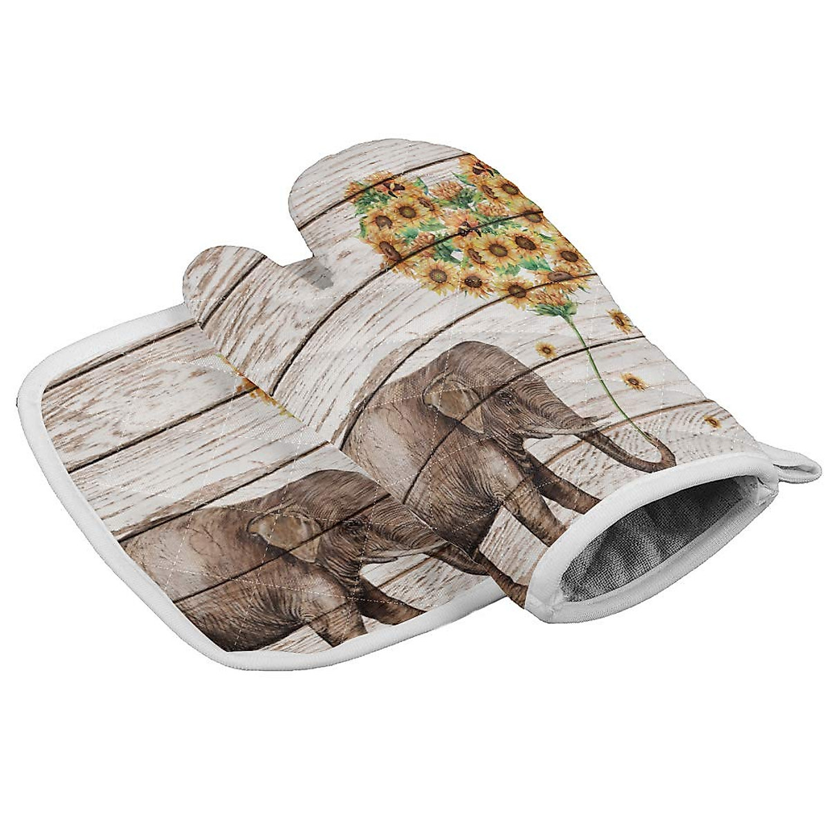 Sunflower Elephant Kitchen Oven Mitt and Pot Holder Love Heart with Sunflowers Oven Gloves and Hot Pads Heat Resistance Non-Slip Surface for Kitchen BBQ Cooking Baking Grilling, Rustic Wooden