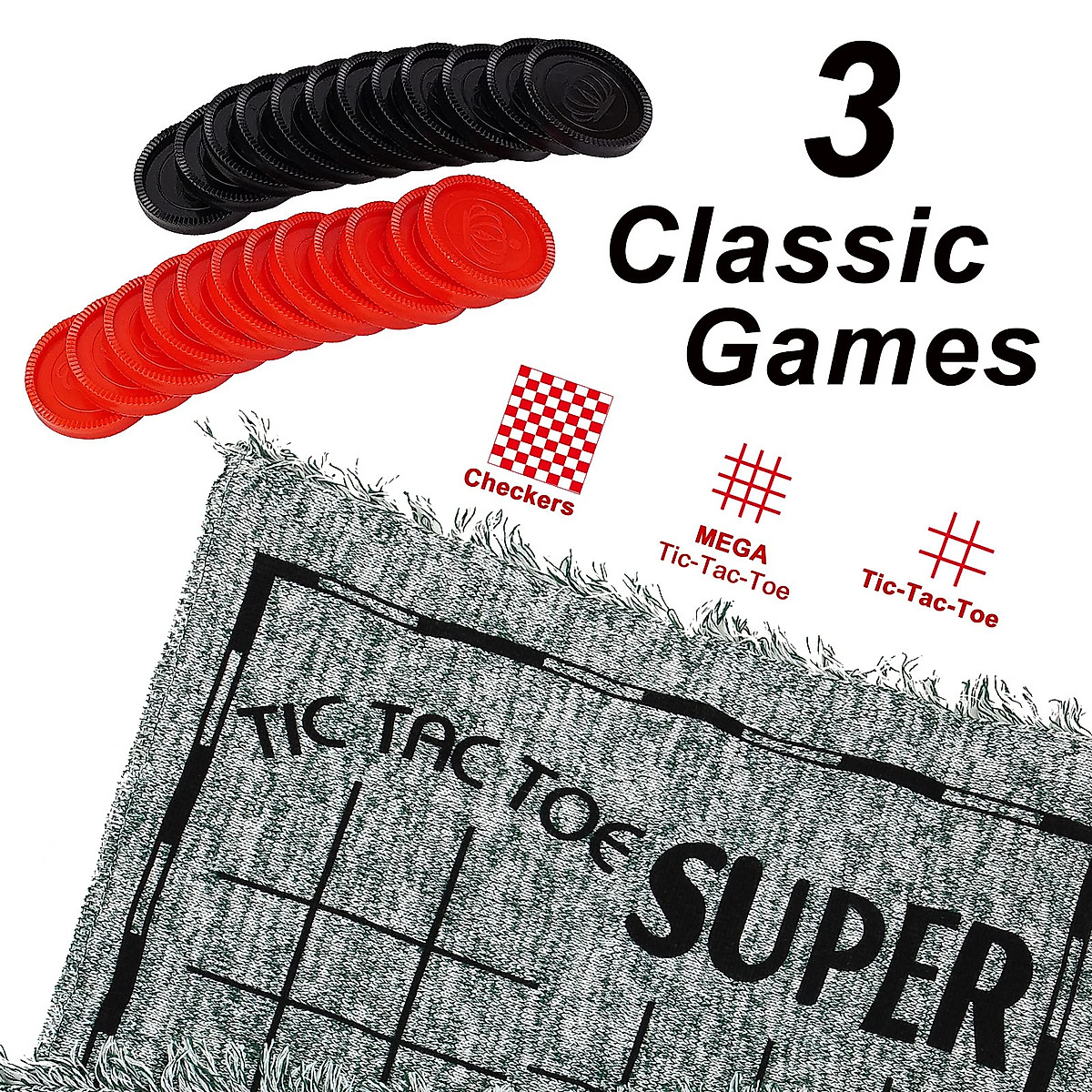 Win SPORTS 3 in 1 Giant Checkers,Mega Tic Tac Toe,Indoor Outdoor Jumbo Classic Board Games,30”Reversible Rug with 24 Checkers Pieces,Checkers Cloth Mat Game for Travel,Family Party,BBQ