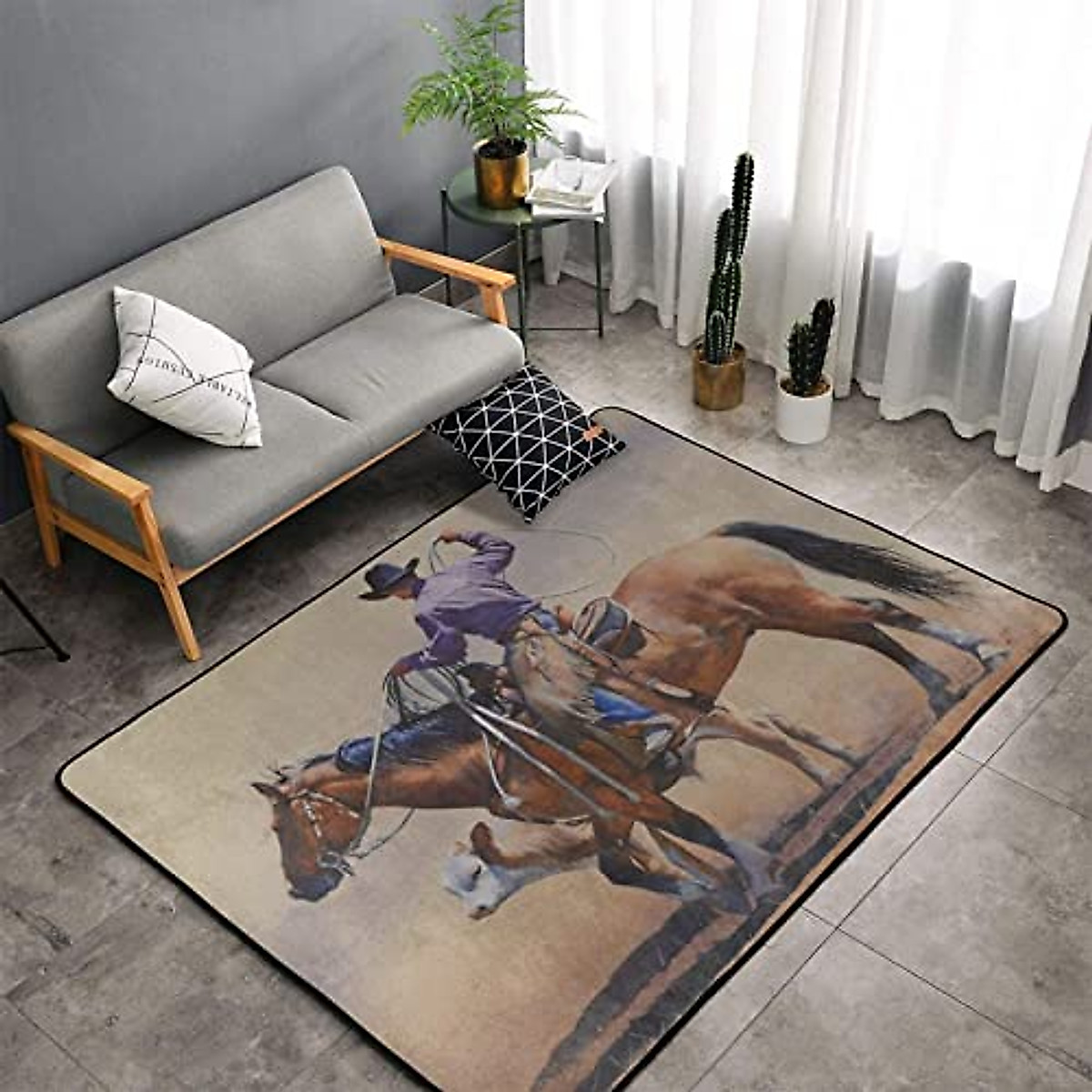Big Size Washable Area Rugs,Western Cowboy Riding in Wild West Rodeo Bucking Bronco Horse Soft Large Floor Carpets Non-Skid Rug for Kids Room Living Room Bedroom Home Decor 3x5 Ft
