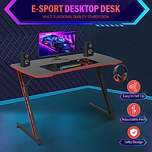 PayLessHere 47 Inch Modern Z-Shaped Gaming Desk Computer Desk for Home Office with Headphone Hook - Sturdy Workstation Table with Spacious Desktop,Red