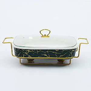 HONHPD 3PCS Rectangular Porcelain Casserole Warming Trays for Food, Ceramics Chafers, and Buffet Warmers Sets, Ceramics Chafing Dish Buffet Set, Green Marble Finish (11inch.13inch.15inch）