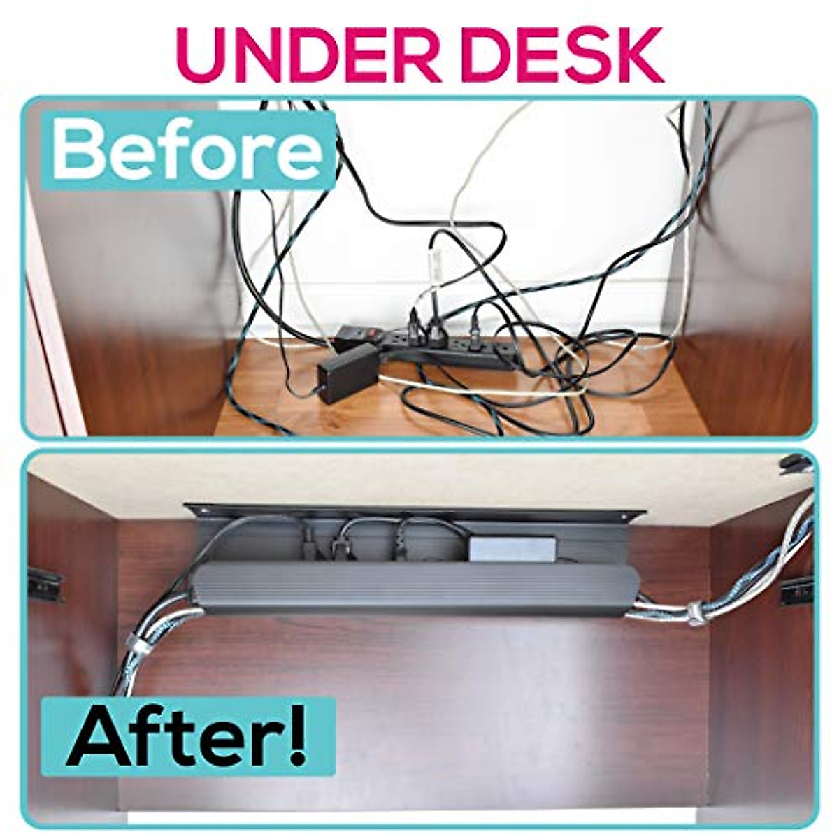Cable Management Tray, Under-Desk, On-Wall or Side-of-Desk, 17x4x2.4”, 2-PK, Hide & Organize Your Cables, Power Supplies and Power Strips, Bonus 10-Pk Cable Ties