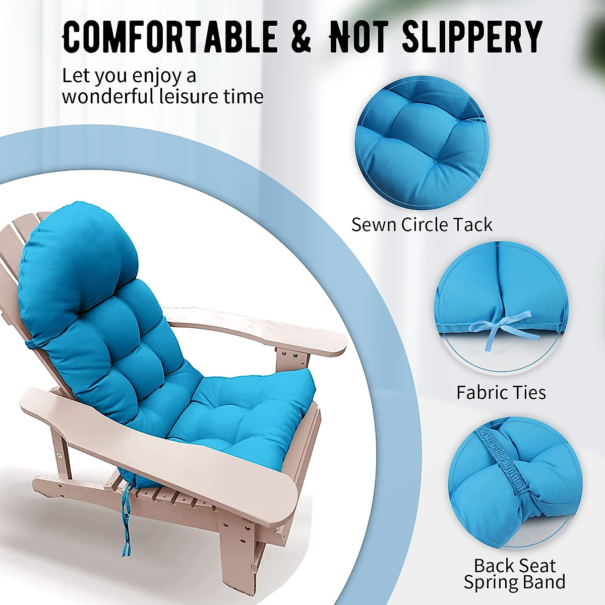 Vemkyrio 4 Pack Adirondack Chair Cushion, Waterproof&Fade-Resistant Rocking Chair Cushion - High Back Patio Cushions Lengthen, Thickened Patio Chair Pad for Outdoor and Indoor (Blue)