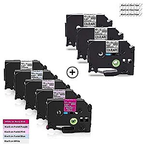 COLORWING Compatible Label Tape Replacement for Brother Ptouch TZe TZ Tape 0.47" x 26.2' Berry Pink/Pastel Pink/Pastel Purple/Pastel Blue/White/Clear, for PTD210 PTD400 PTD200, 8 Pack