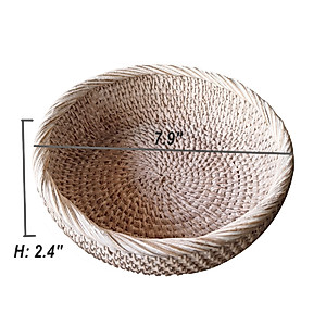 AMOLOLO Wash White Round Rattan Bowl Basket,White Decorative Handmade Wicker Key Holder, Decorative Woven Rattan Basket Tray with Wrapping Edge and 2 Inch Deep Wall,7.9"x2.4"