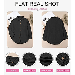 Dokotoo Black Button Up Tops for Women Long Sleeve Waffle Knit fall Jacket Loose Fit Boyfriends Pocket Outerwear winter coat Oversized Blouses fall outfits Small