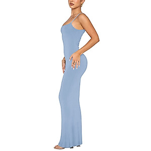 REORIA Women's Sexy Casual Lounge Slip Long Dress Elegant Wedding Guest Sleeveless Backless Ribbed Bodycon Maxi Dresses Blue Medium