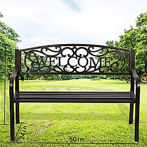 50" Patio Garden Outdoor Bench w/Welcoming Vines Decorative & Armrest Metal Park Bench Antique Bronze Outside Patio Furniture for Front Porch, Backyard, Lawn, Garden, Pool, Dec