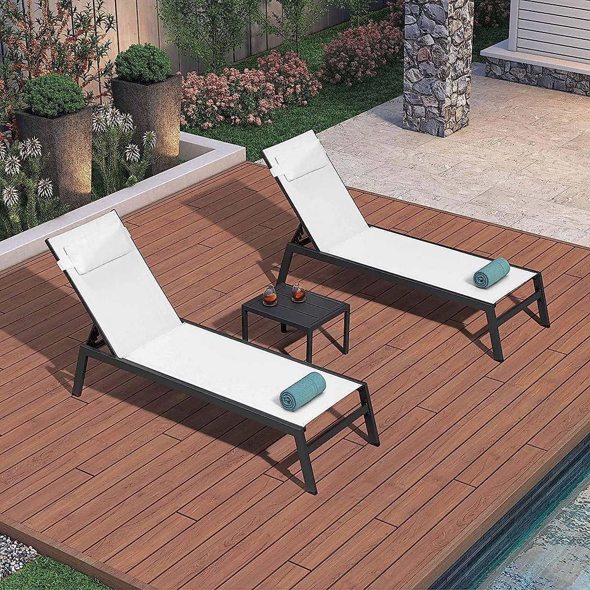 PURPLE LEAF Outdoor Lounge Chairs Set Patio Chaise Lounges Outside with 2 Side Tables for Beach Pool Sun Lounger Reclining Chair White
