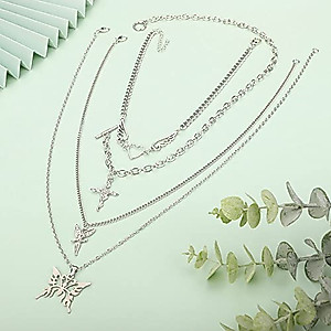Chargances Punk Layered Butterfly and Heart Pendant Necklace Dainty Rose Flower Long Choker Silver Wing Collar Jewerly for Women and Girls