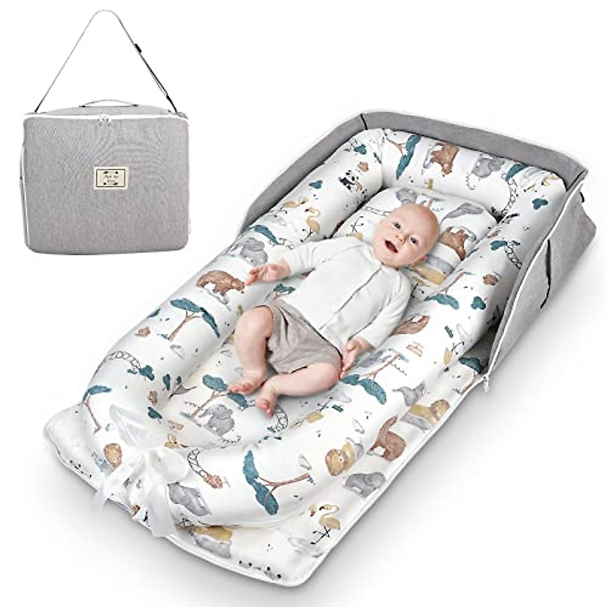 Baby Lounger Cover Adjustable Baby Nest Cover for Co Sleeping, Ultra Soft Cotton Baby Bed Cover Perfect for Traveling and Napping(Grey Lion)