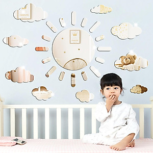 Sun and Cloud Mirror Stickers Decals 3D Acrylic Mirror Wall Stickers Self Adhesive Decorative Silver Removable Peel and Stick for Kids Baby Bedroom Bathroom Playroom Nursery Ceiling Wall Decor