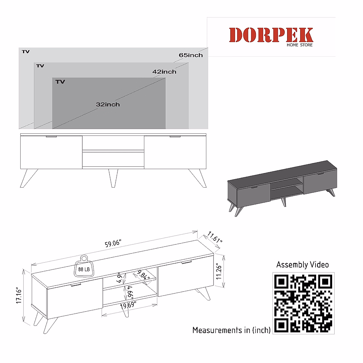 DORPEK Tealo Tv Stand White - Walnut, Tv Cabinet for TVs up to 65", Tv Bench with 2 Drawers and 2 Open Shelves, Tv Storage Unit for Living Room and Bedroom