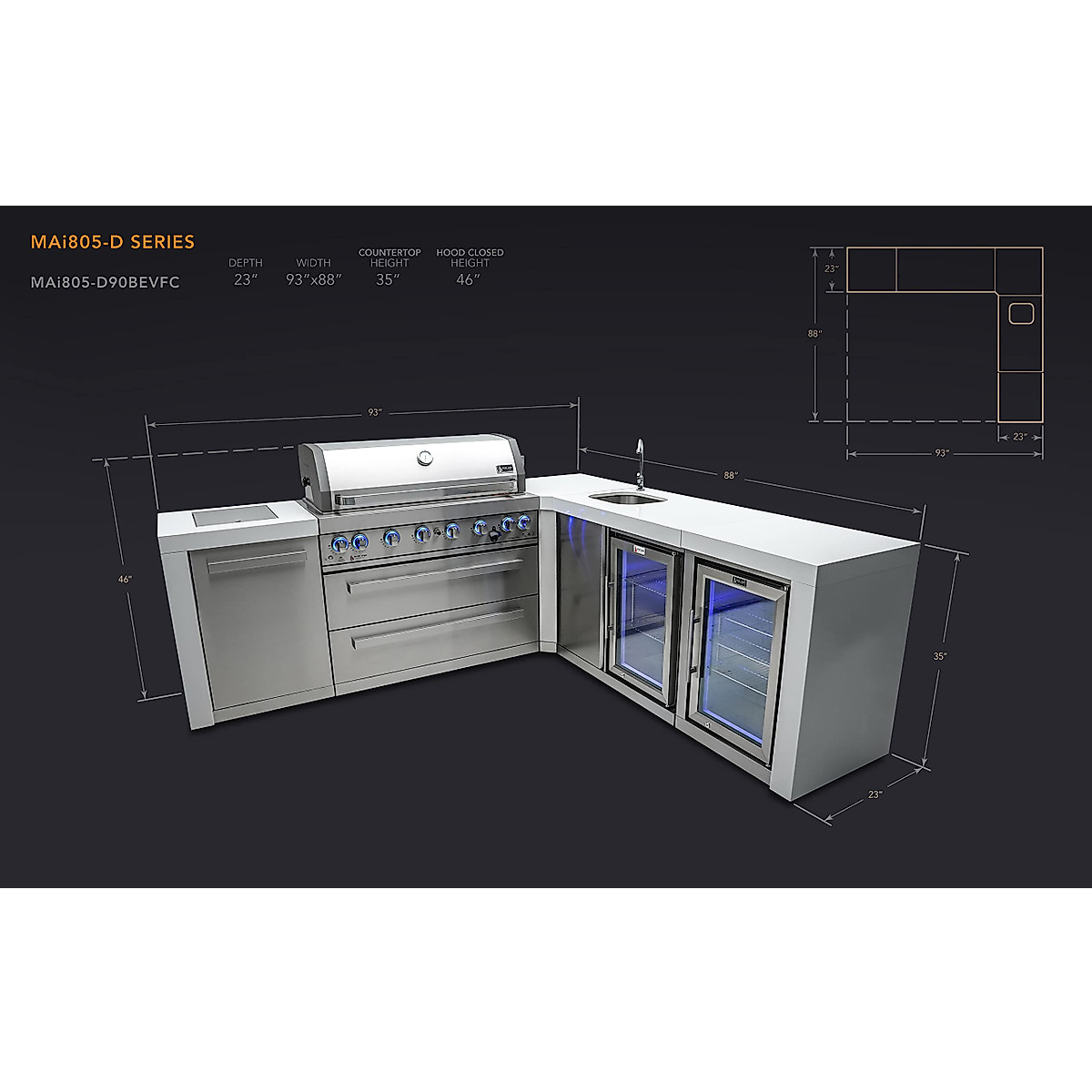 Mont Alpi MAi805-D90BEVFC 44-inch 6-Burner 115000 BTU 90 Degree Corner Deluxe Stainless Steel Gas Outdoor Kitchen Barbecue Island Grill + Lockable Compact Refrigerator + Faucet & Sink + Rotisserie Kit