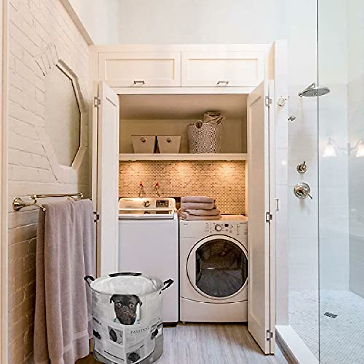 Collapsible Laundry Basket - 16.5 x 17 In Smoking Pug Sitting on The Toilet Storage Bin Laundry Hamper with Handles, Funny Watching Newspaper Waterproof Clothes Baskets for Bedroom/Kids Room