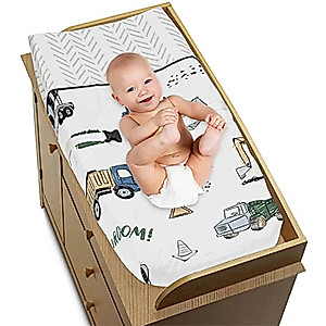 Sweet Jojo Designs Construction Truck Boy Baby Nursery Changing Pad Cover - Grey Yellow Black Blue and Green Transportation Chevron Arrow