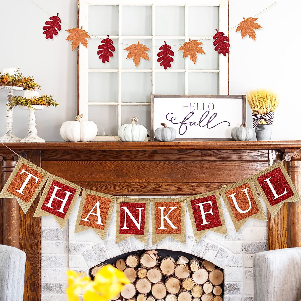 Whaline Fall Banner Thankful Burlap Banner Maple Leaf Glitter Paper Banner Pre-Assembled Rustic Bunting Garland for Autumn Harvest Hanging Decorations Thanksgiving Party Supplies Home Decoration