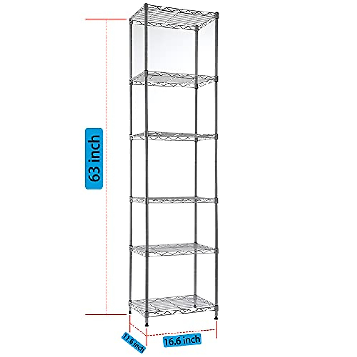 GIOTORENT 6-Tier Standing Shelving Metal Units, Adjustable Height Wire Shelf Display Rack for Laundry Bathroom Kitchen 16.6” x 11.6” x 63” (6-Tier-Down, Silver)