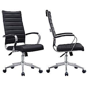 2xhome Set of 2 Black Modern High Back Tall Ribbed PU Leather Office Chair Swivel Tilt Adjustable Chair Designer Boss Executive Management Conference Room Work Task Computer