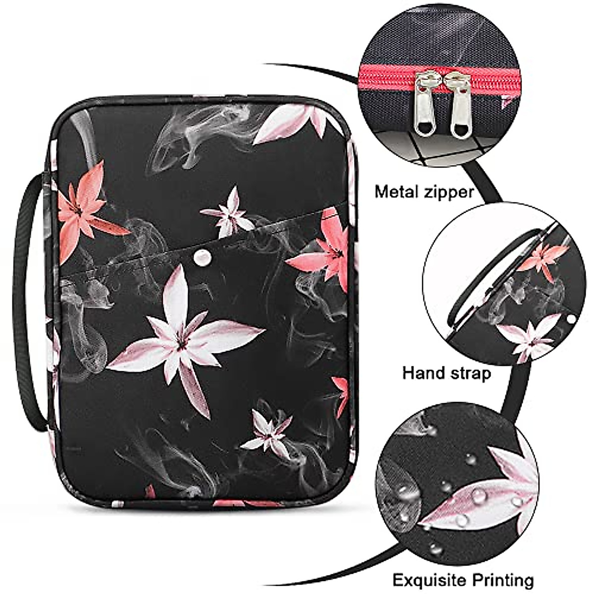 QTKJ Black Bible Covers for Women with Carrying Handle, Book Cover Case with Zipper Pocket Bible Cover for Mom Ladies Teens Girls, Red and White Floral Pattern
