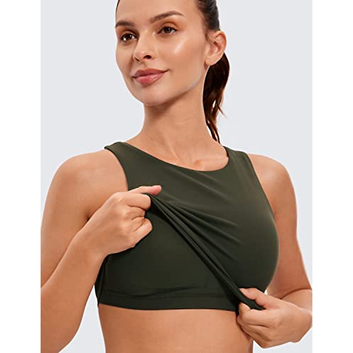 CRZ YOGA Butterluxe Womens Racerback High Neck Longline Sports Bra - Padded Workout Crop Tank Tops with Built in Shelf Bra Olive Green Medium