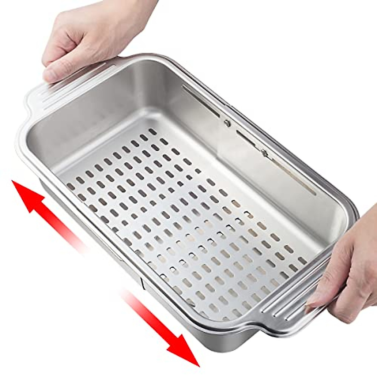 Choxila Extendable Over the Sink Colander Stainless Steel Strainer Basket - Wash Vegetables and Fruits, Drain Cooked Pasta and Dry Dishes - Extendable (8.3 W x 13.2-17.5 L x 3 H)