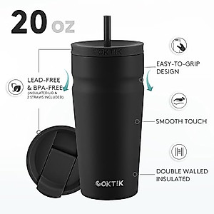 COKTIK 20oz Insulated Tumbler with Lid and Straw 2 Lids (Straw/Flip) Iced Coffee Cup Reusable Stainless Steel Travel Mug Water Bottle Cupholder Friendly for Women Men Her Him (Black)