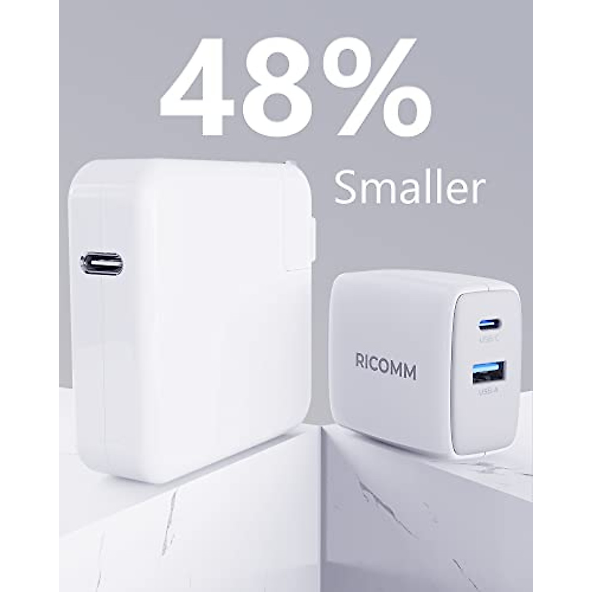 USB C Charger 65W, RICOMM GaN PPS Fast Charger Adapter Kit (Soft Silicone Cable Included) Travel Wall Charger Foldable Plug for MacBook, iPhone Pro Max, iPad, AirPods, Samsung Galaxy S22/S20/S10