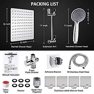 8'' High Pressure Rainfall Shower Head/Handheld Shower Combo with 11'' Extension Arm, Height/Angle Adjustable, Stainless Steel Bath Shower Head with Holder, 1.5M Hose, Chrome, 4 Hooks