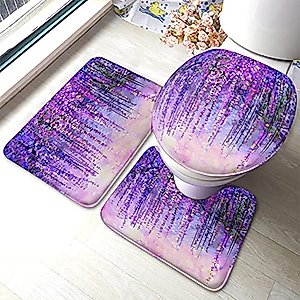 Wondertify Flowers Bathroom Antiskid Pad Spring Purple Flowers Wisteria Blossom Blurred Bokeh 3 Pieces Bathroom Rugs Set, Bath Mat+Contour+Toilet Lid Cover Violet Color