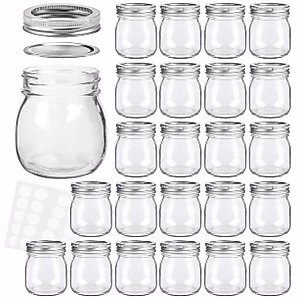 KAMOTA DIY Spice/Mason Jars 10 oz With Regular Lids and Bands, Ideal for Jam, Honey, Wedding/ Shower Favors, 24 PACK, 30 Whiteboard Labels Included