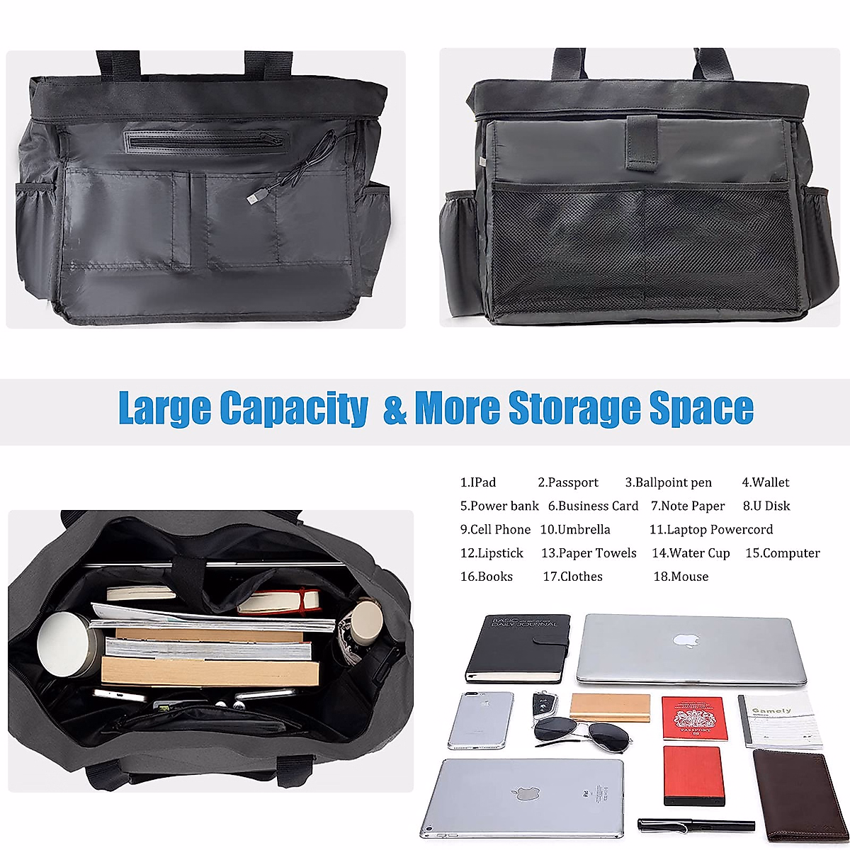 Tote Bag for Women Large Work Bags Laptop 15.6-17 Inch Handbag Purse Book Bag with Zipper for Nurse Teacher School, Blackgrey